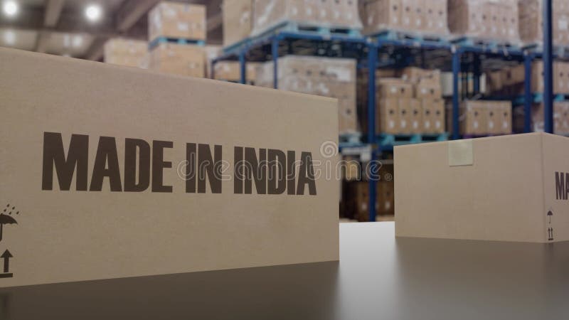 Boxes with MADE in INDIA Text on Conveyor. INDIA Goods Related Loopable ...