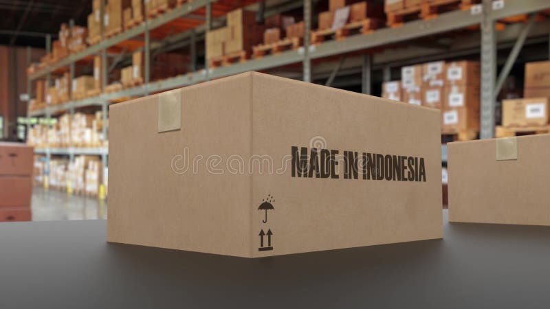 Boxes with MADE in INDONESIA Text on Conveyor. 3d Rendering Stock ...
