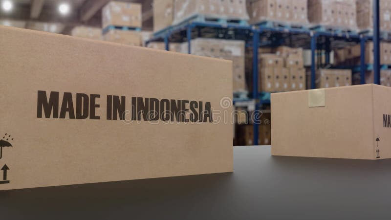Boxes with MADE in INDONESIA Text on Conveyor. Indonesia Goods Related ...
