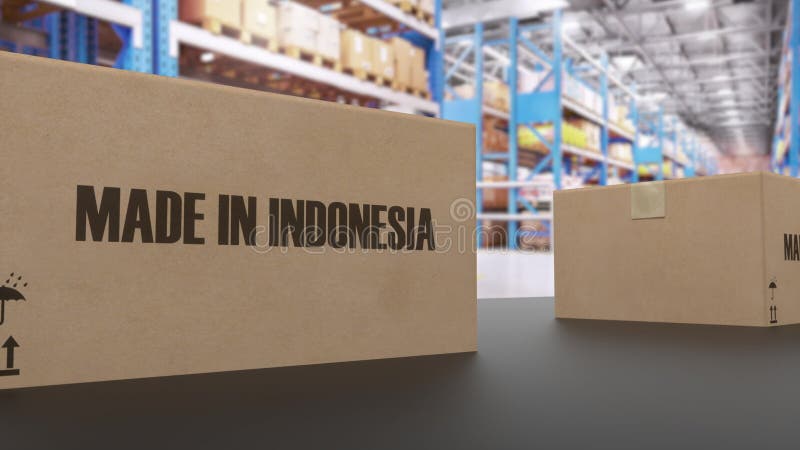 Boxes with MADE in INDONESIA Text on Conveyor. Israeli Goods Related ...