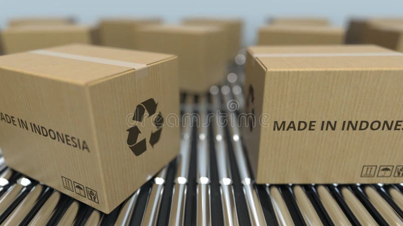 Boxes with MADE in INDONESIA Text on Roller Conveyor. Indonesian Goods ...