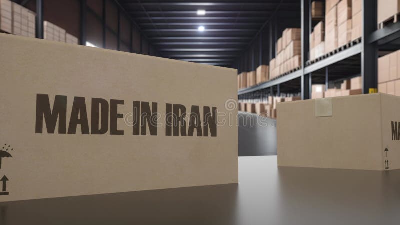 Boxes with MADE in IRAN Text on Conveyor. Iranian Goods Related ...