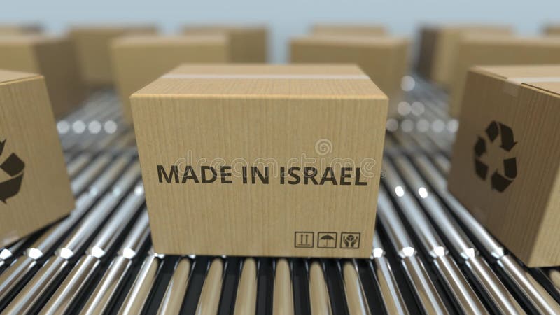 Boxes with MADE in ISRAEL Text on Roller Conveyor. Israeli Goods ...