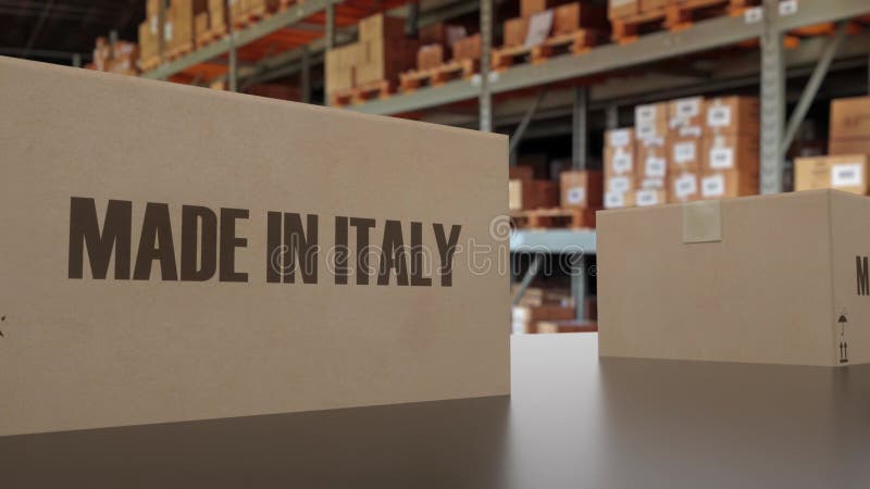 Boxes with MADE in ITALY Text on Conveyor. Italian Goods Related ...