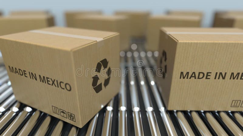 Boxes with Made in Mexico Text on Roller Conveyor. Mexican Goods ...