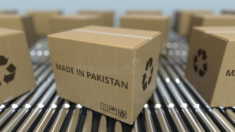 Boxes with MADE in PAKISTAN Text on Roller Conveyor. Pakistani Goods ...