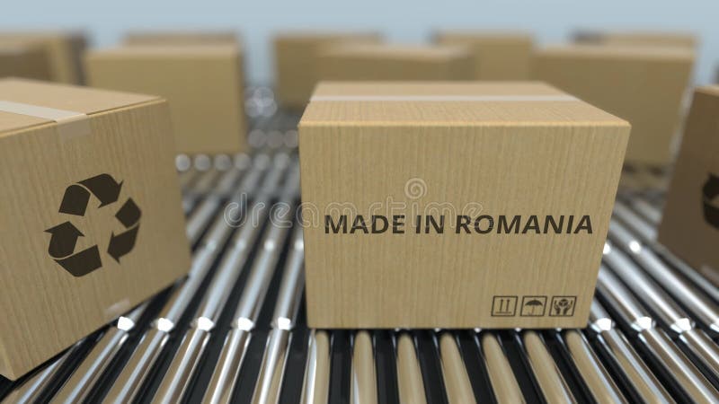 Boxes with MADE in ROMANIA Text on Roller Conveyor. Romanian Goods ...