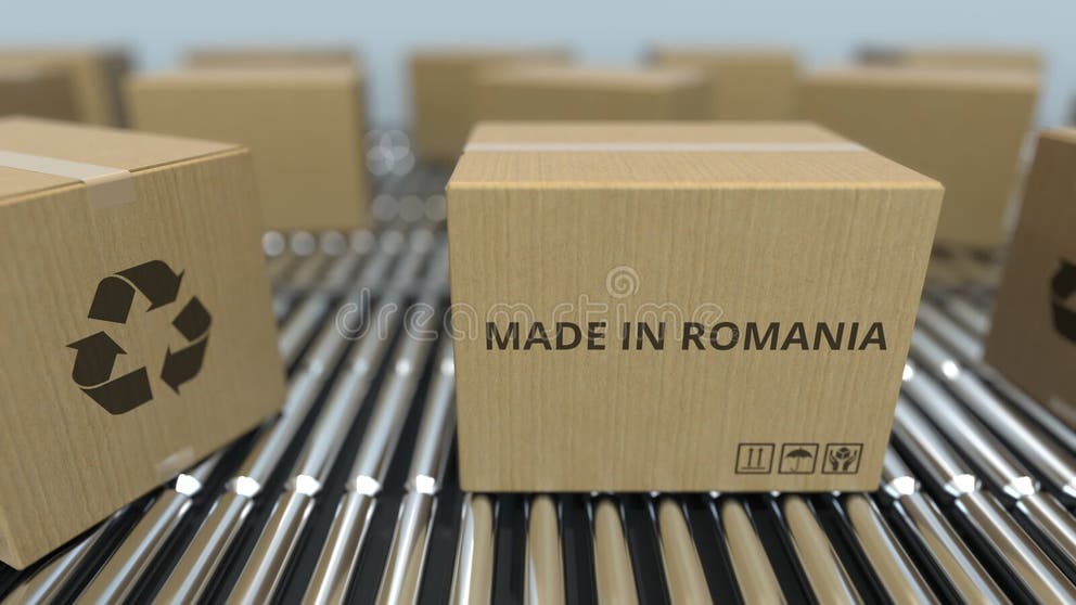 Boxes with MADE in ROMANIA Text on Roller Conveyor. Romanian Goods ...