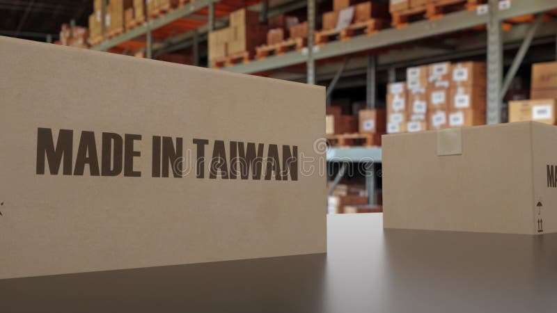 Boxes with MADE in TAIWAN Text on Conveyor. Taiwanese Goods Related ...