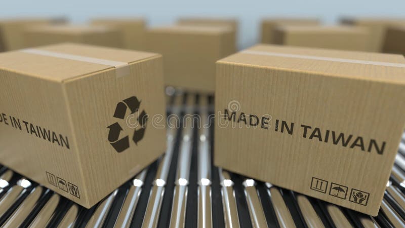 Boxes with MADE in TAIWAN Text on Roller Conveyor. Taiwanese Goods ...