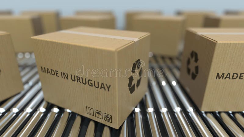 Boxes with MADE in URUGUAY Text on Roller Conveyor. Uruguayan Goods ...