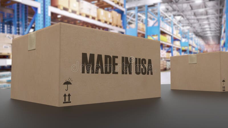 Boxes with MADE in USA Text on Conveyor. American Goods Related Stock ...