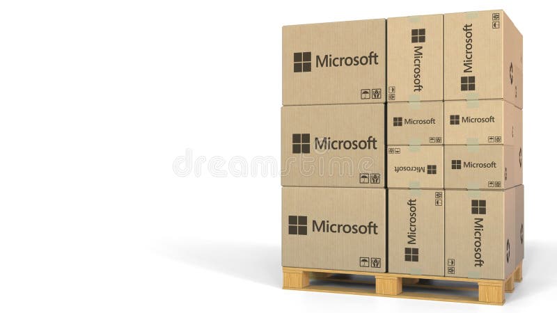 Boxes with Microsoft Logo on Warehouse Pallet. Editorial 3D Rendering ...