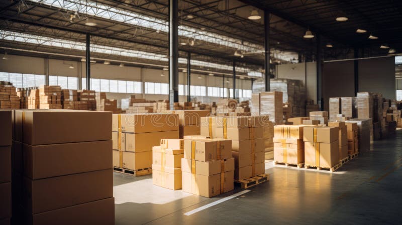 Boxes in Modern Large Warehouse Stock Illustration - Illustration of ...