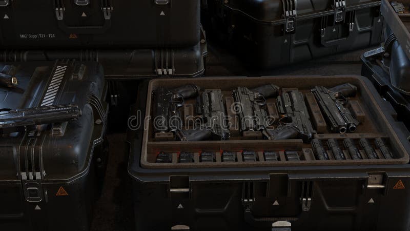 Boxes with Modern Weapons and Ammunition in a Military Warehouse. 3D ...