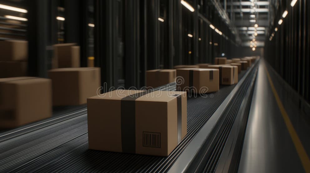 Boxes are in Motion Along a Conveyor Belt in a Warehouse, Highlighting ...