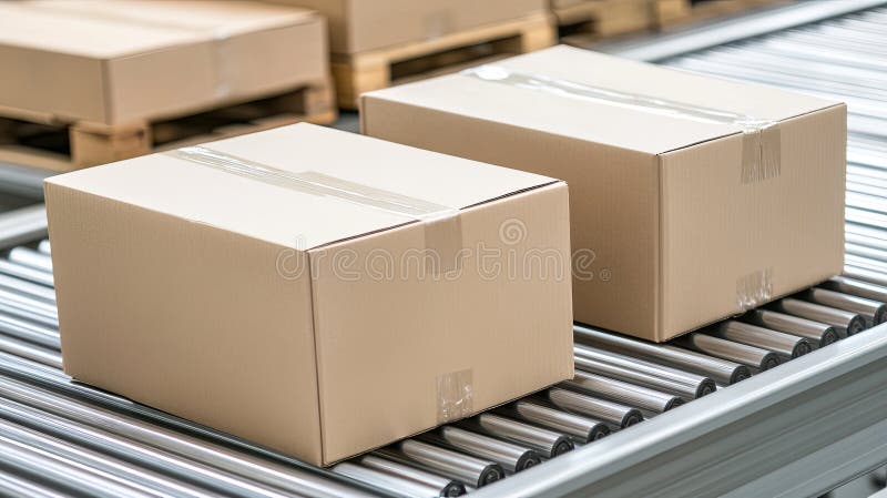 Boxes are in Motion Along a Conveyor Belt in a Warehouse, Highlighting ...