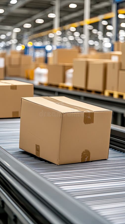 Boxes are in Motion Along a Conveyor Belt in a Warehouse, Highlighting ...