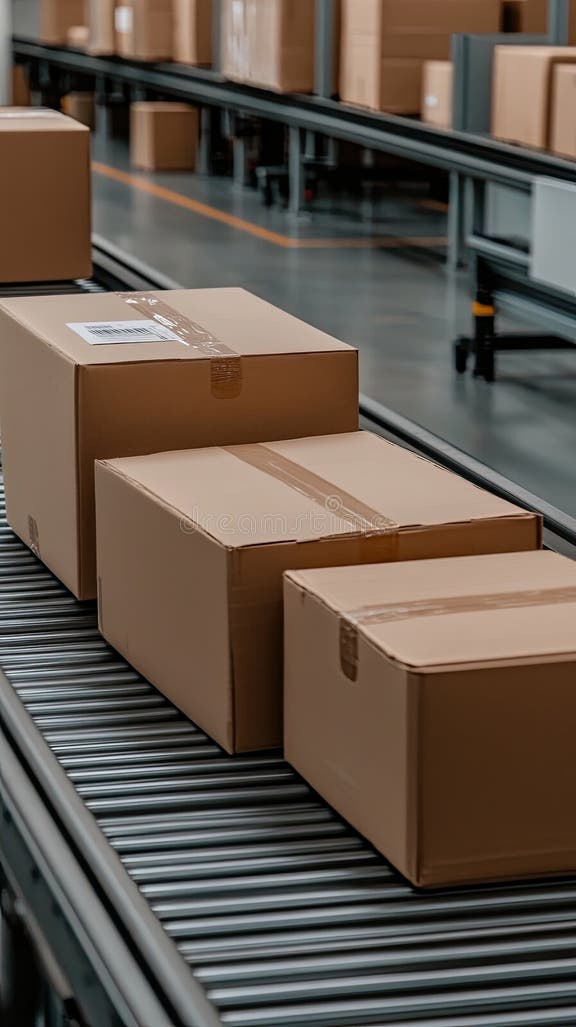 Boxes are in Motion Along a Conveyor Belt in a Warehouse, Highlighting the Streamlined Process ...
