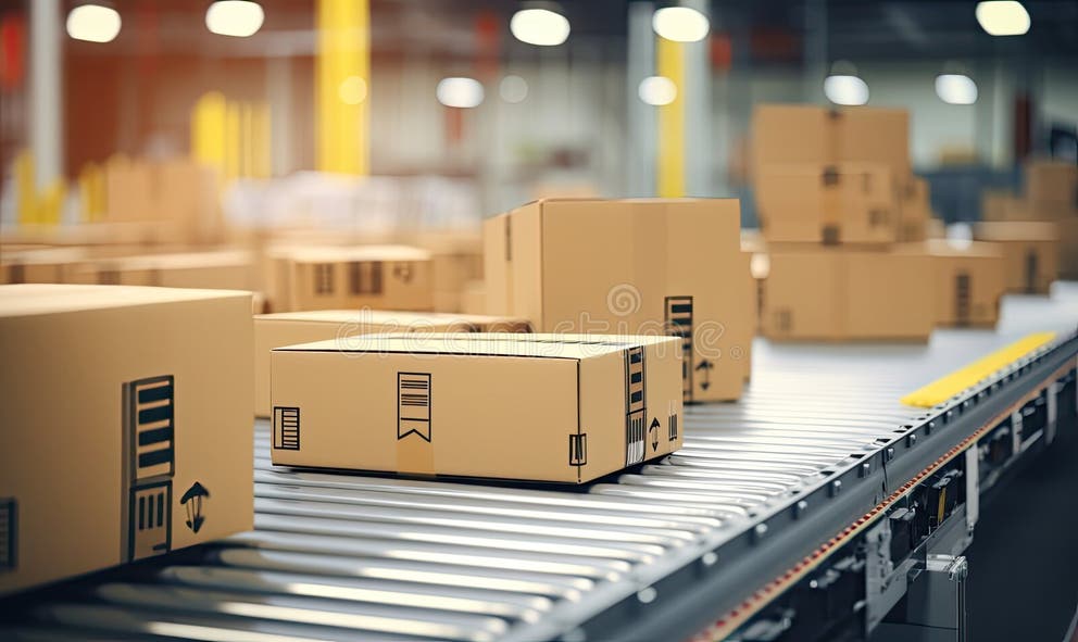 Boxes in Motion: a Conveyor Belt Moving Various Packages Stock Illustration - Illustration of ...