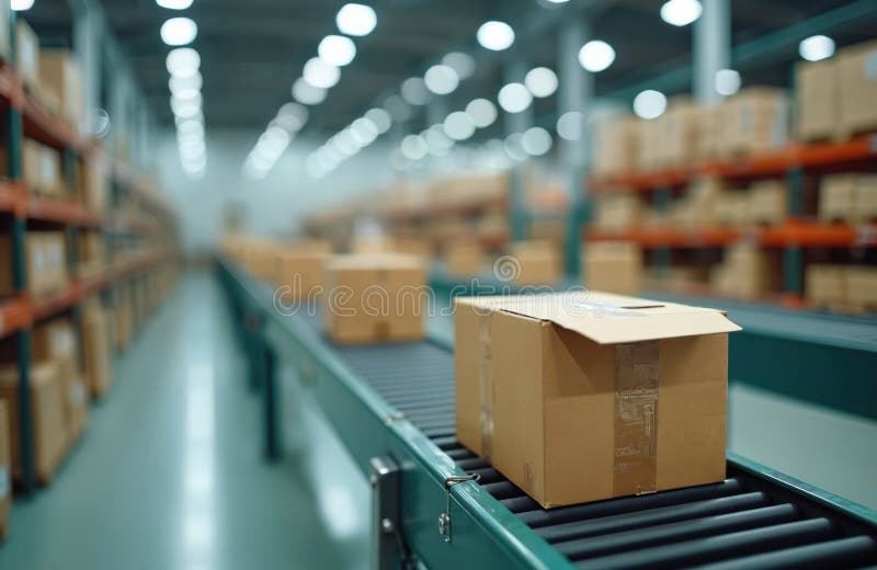 Boxes Move Along Conveyor Belt Modern Warehouse. Streamlined Logistics, Automated Packaging ...