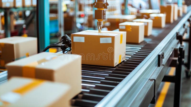 Boxes Move on a Conveyor Belt in an Automated Packaging Line, Ensuring ...