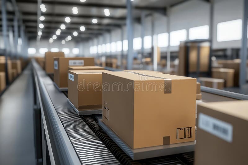 Boxes Move on Conveyor Belt in Large Warehouse. Automated Packing ...