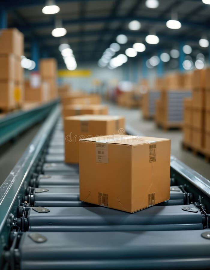 Boxes Move on Conveyor Belt in Logistics Warehouse. Efficient ...