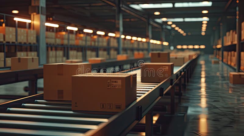 Boxes Move Seamlessly on a Conveyor Belt through a Bustling Warehouse, Capturing the Precision ...
