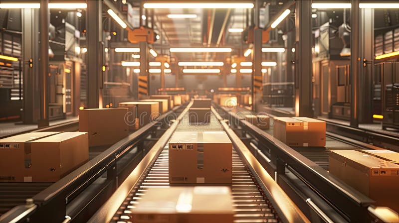 Boxes Move Seamlessly on a Conveyor Belt through a Bustling Warehouse, Capturing the Precision ...