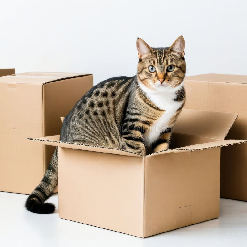 Boxes for Moving in Apartmentand Cat. Illustration on White Background ...