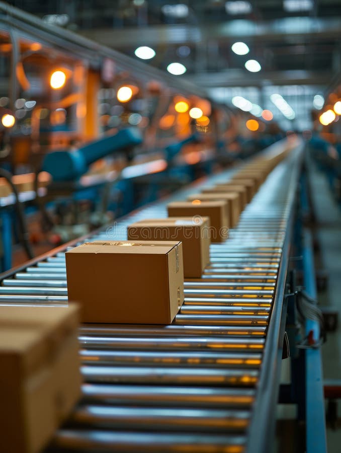 Boxes Moving on a Conveyor Belt in a Factory Setting. Stock Image ...