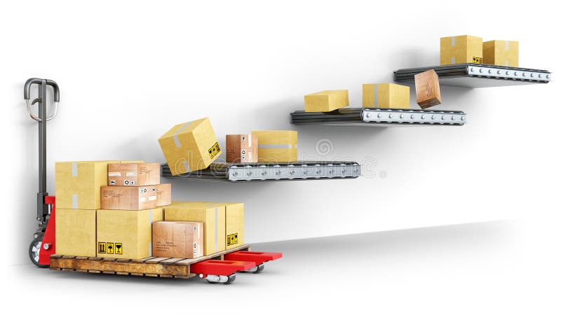 Boxes are Moving from One Conveyor Belt To Another and Fall Down To a ...