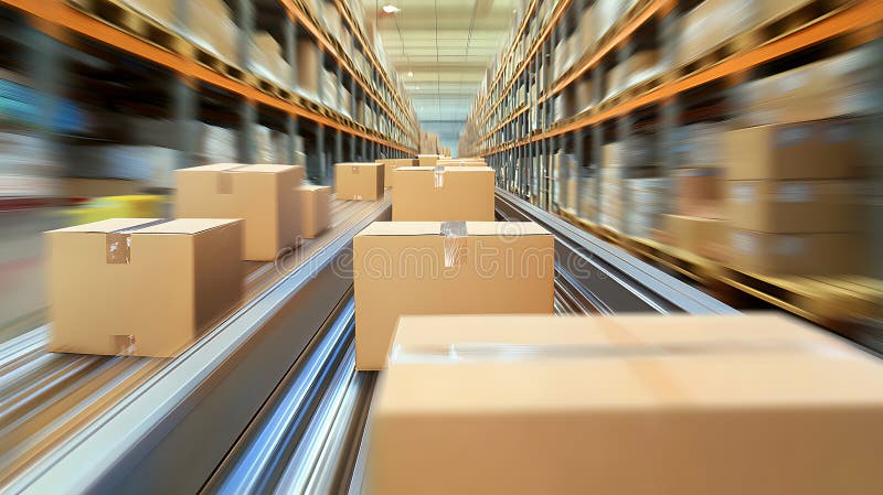 Boxes Moving Swiftly on Conveyor Belt in Warehouse Stock Illustration ...