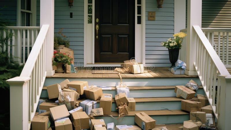 Boxes packages front door stock illustration. Illustration of porch ...