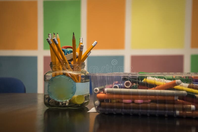 School Supplies on a Table stock photo. Image of exercise - 105102098