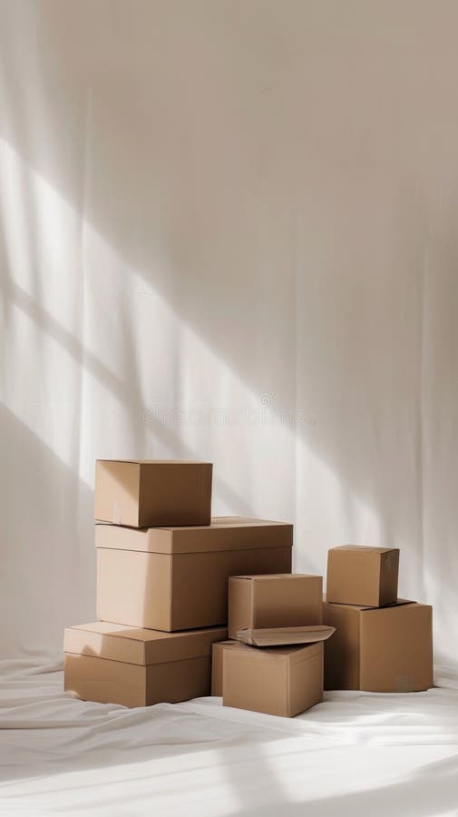 Boxes in a Pile on a White Floor, in the Style of Minimalist,beige ...