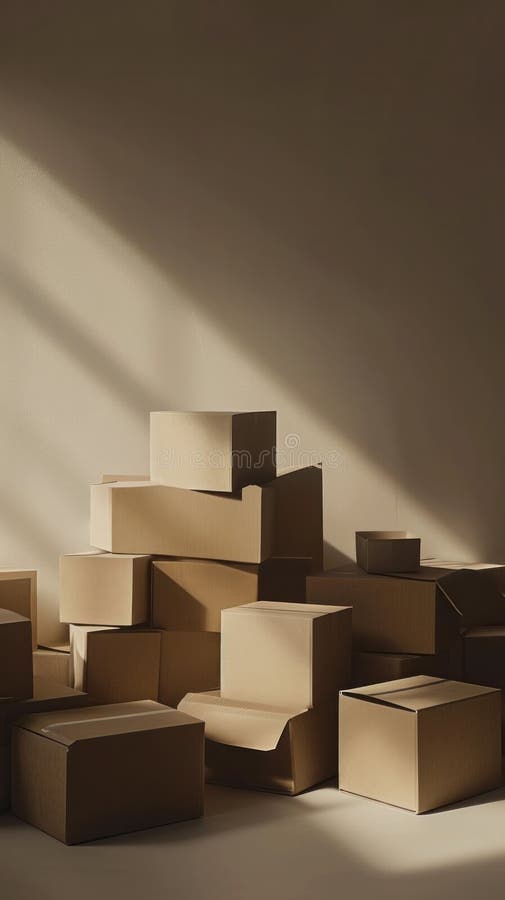 Boxes in a Pile on a White Floor, in the Style of Minimalist,beige ...
