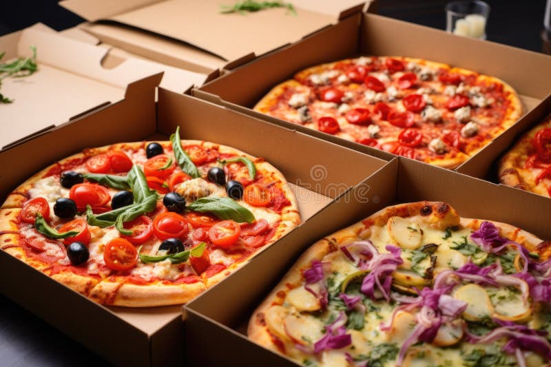 Boxes of Pizza with Various Toppings Stock Illustration - Illustration ...