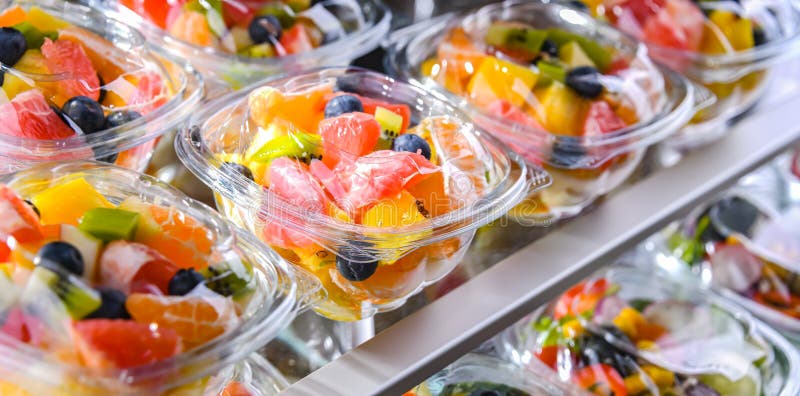Boxes with Pre-packaged Fruit Salads in a Commercial Fridge Stock Photo ...