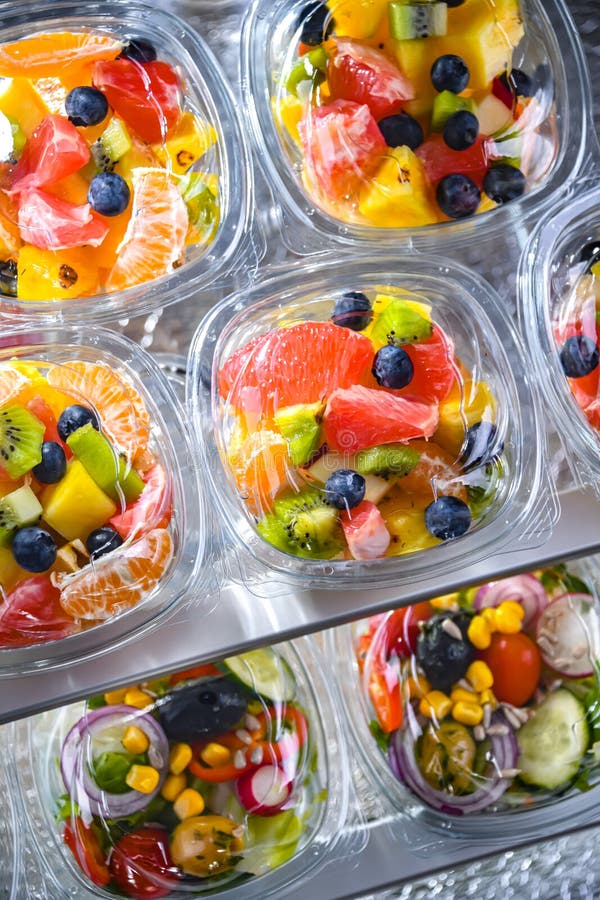 Boxes with Pre-packaged Fruit Salads in a Commercial Fridge Stock Photo ...