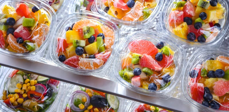 Boxes with Pre-packaged Fruit Salads in a Commercial Fridge Stock Photo ...