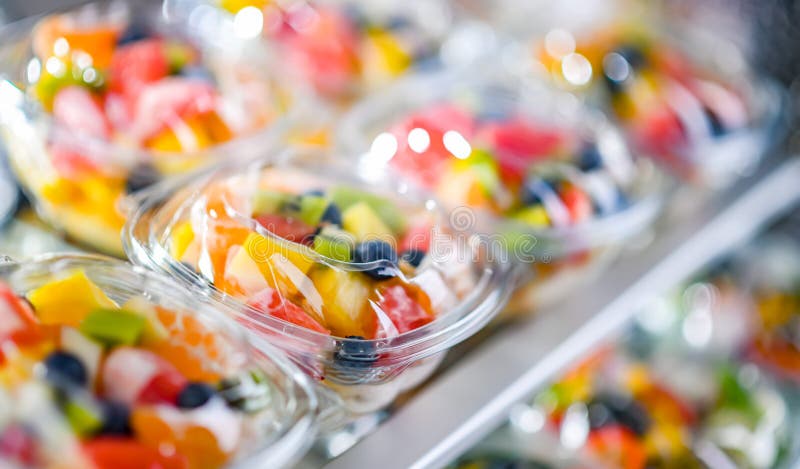 Boxes with Pre-packaged Fruit Salads in a Commercial Fridge Stock Image ...