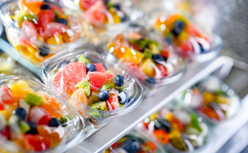 Boxes with Pre-packaged Fruit Salads in a Commercial Fridge Stock Photo ...