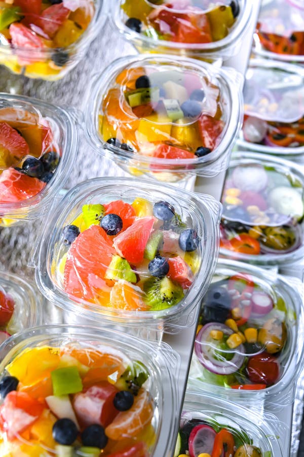Boxes with Pre-packaged Fruit Salads in a Commercial Fridge Stock Photo ...
