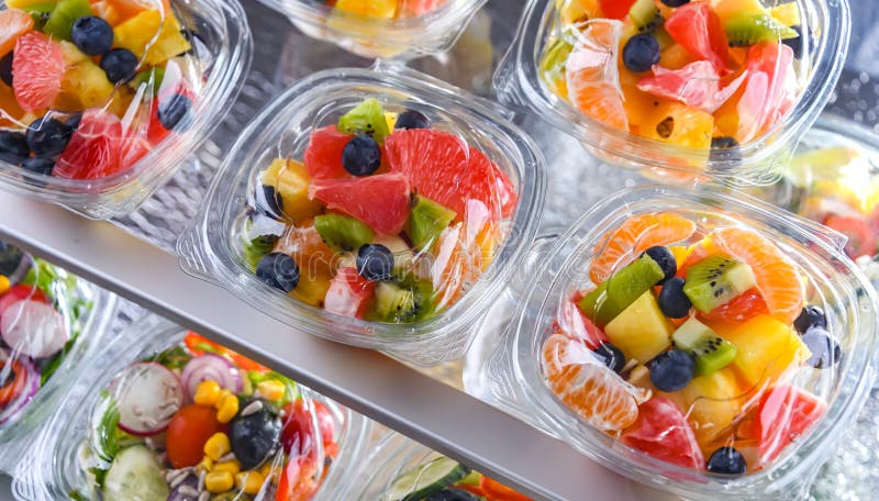 Boxes with Pre-packaged Fruit Salads in a Commercial Fridge Stock Image ...