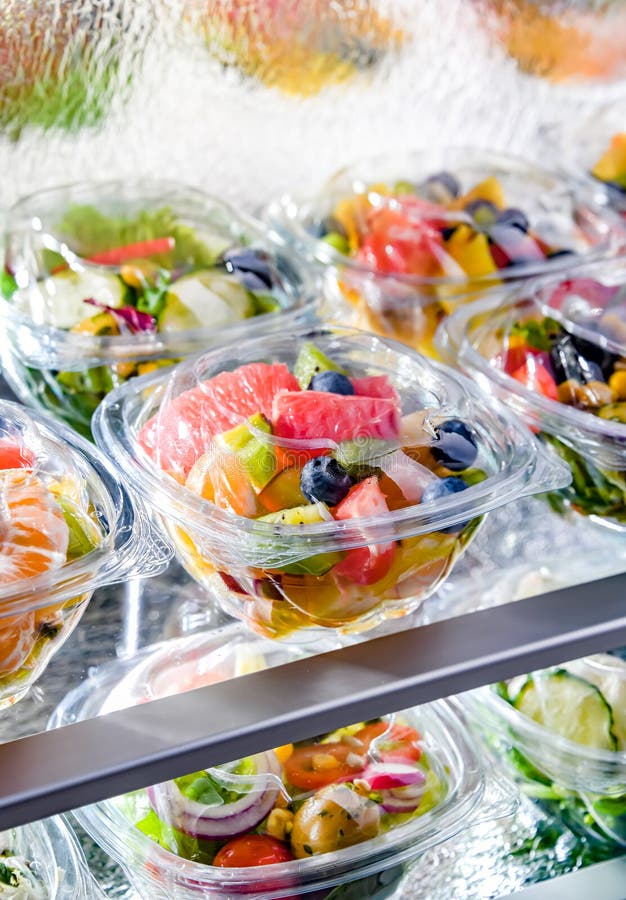 Boxes with Pre-packaged Fruit Salads in a Commercial Fridge Stock Image ...