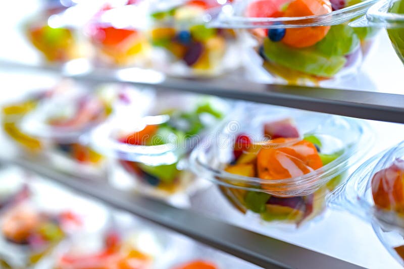 Boxes with Pre-packaged Fruit Salads in a Commercial Fridge Stock Photo ...