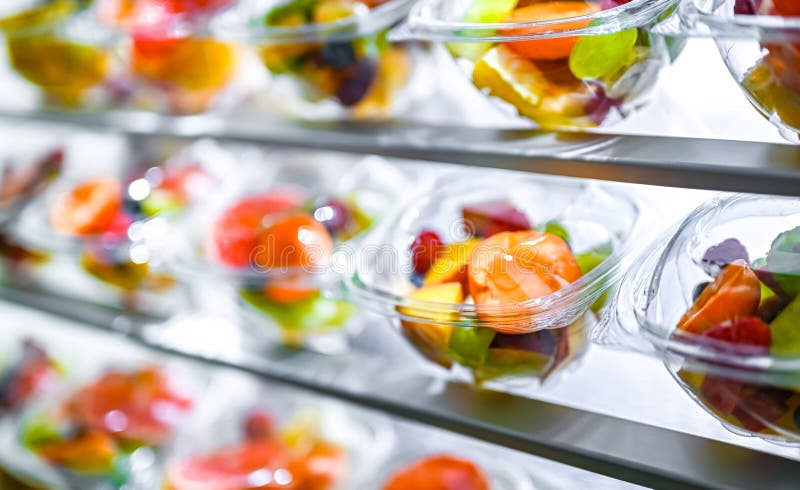 Boxes with Pre-packaged Fruit Salads in a Commercial Fridge Stock Photo ...