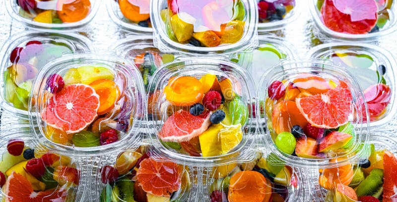 Boxes with Pre-packaged Fruit Salads in a Commercial Fridge Stock Photo ...